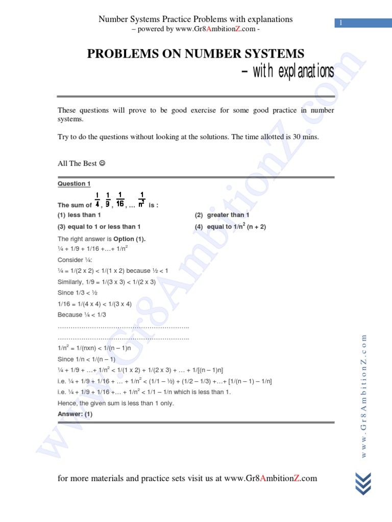 Number Systems Problems With Explanations - Gr8AmbitionZ | PDF | Odds ...