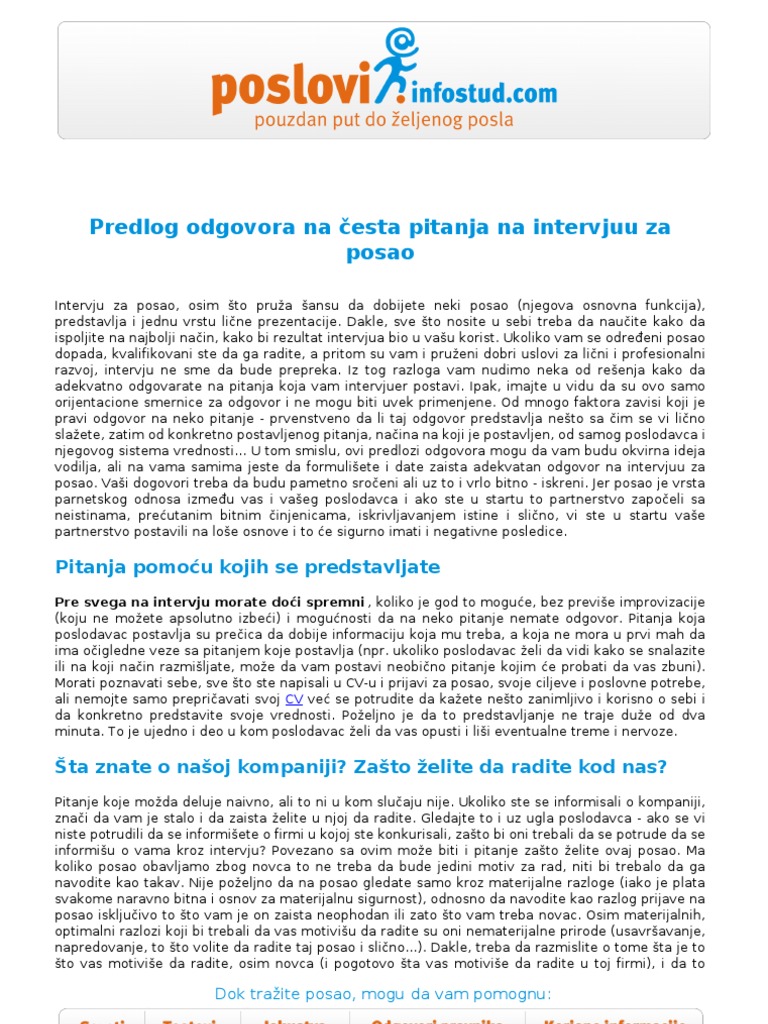 Predlog Odgovora Na Cesta Pitanja Na Intervjuu Za Posao | PDF