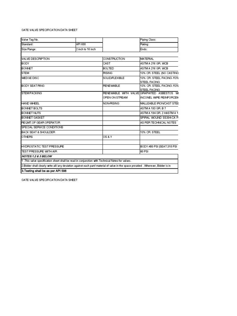Gate Valve Specification Data Sheet | PDF