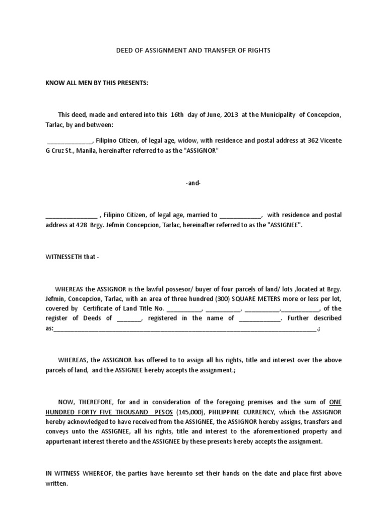 Deed of Assignment and Transfer of Rights | Assignment (Law) | Deed