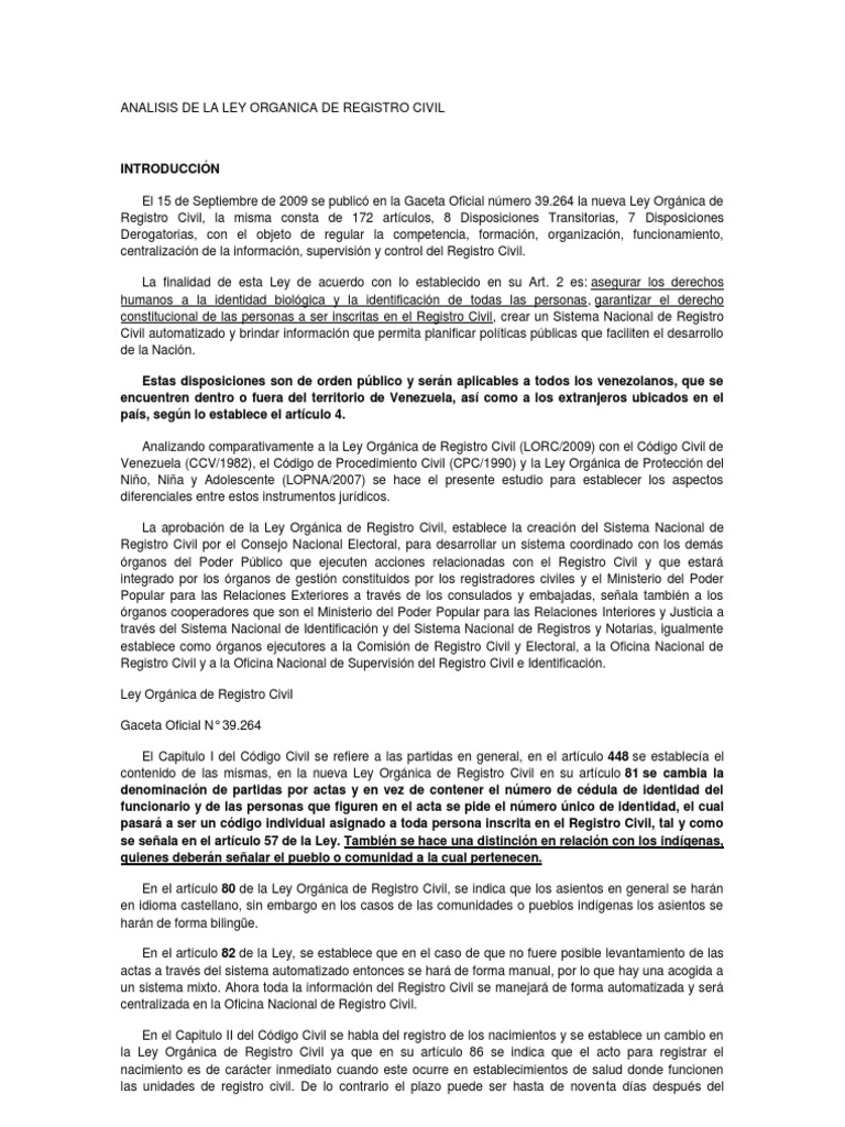 Analisis de La Ley Organica de Registro Civil | PDF | Venezuela ...