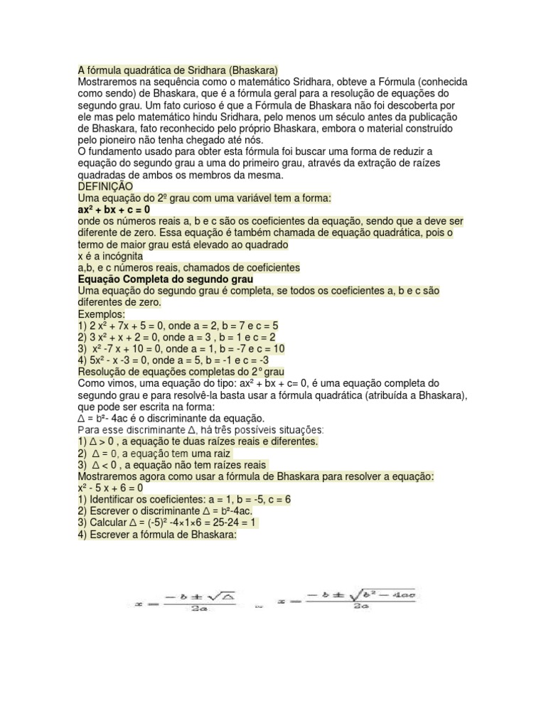 Fórmula de Bhaskara e Resolução de Equações | PDF | Equação quadrática ...