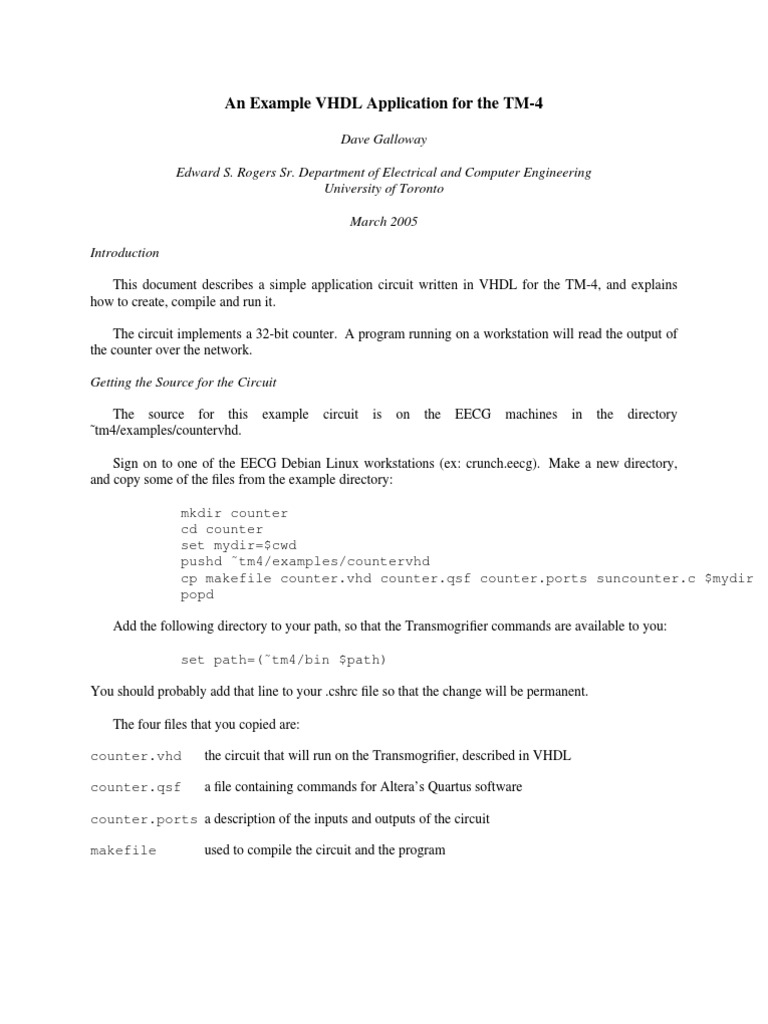 An Example VHDL Application For The TM-4 | PDF | Vhdl | Computer Science