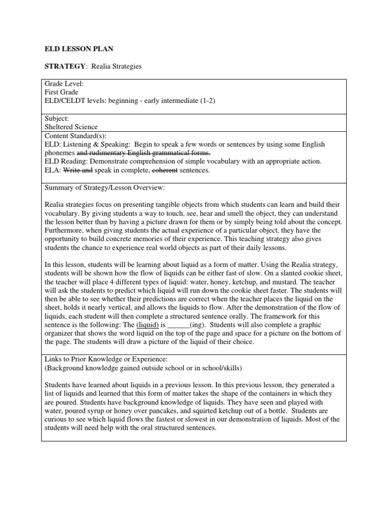 Eld Lesson Plan STRATEGY: Realia Strategies | PDF | Reading ...