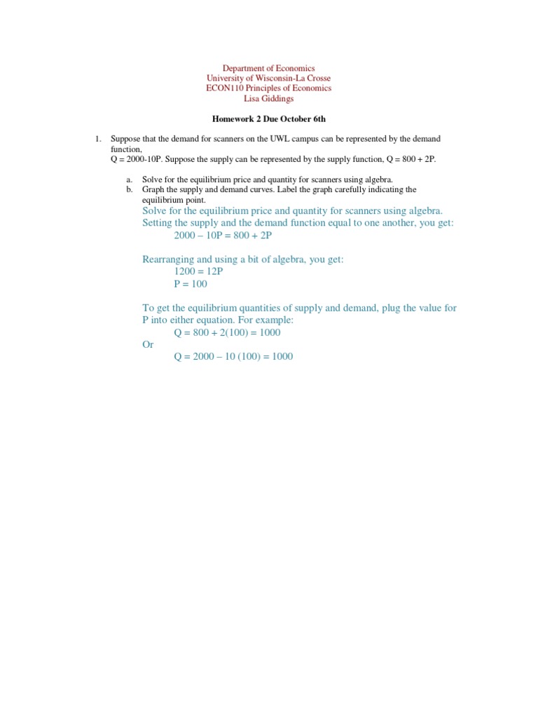 Equilibrium Analysis in Econ110 Homework | PDF | Demand | Supply And Demand