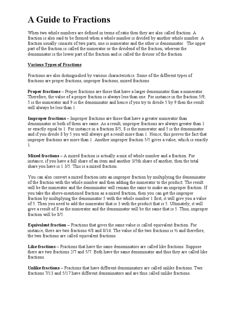 A Guide To Fractions | PDF | Fraction (Mathematics) | Multiplication