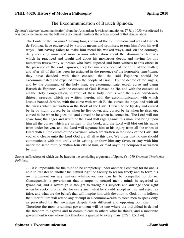 Spinoza's Excommunication Explored | PDF | Baruch Spinoza | Religious ...