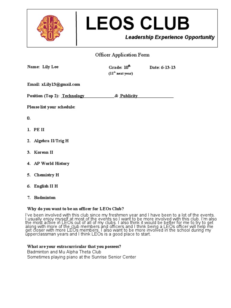 Leos Club: Officer Application Form | PDF | Schools | Business Leos Club: Officer Application Form | PDF | Schools | Business
