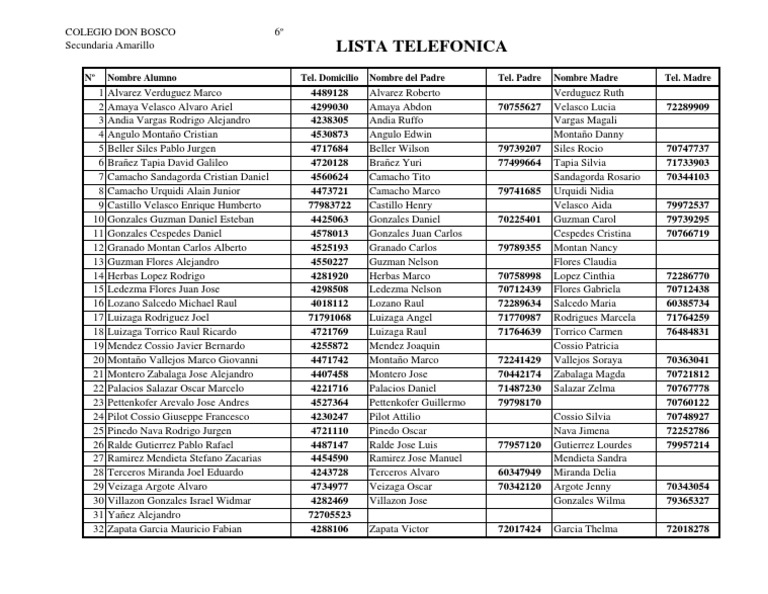 Lista Telefónica Colegio Don Bosco | PDF