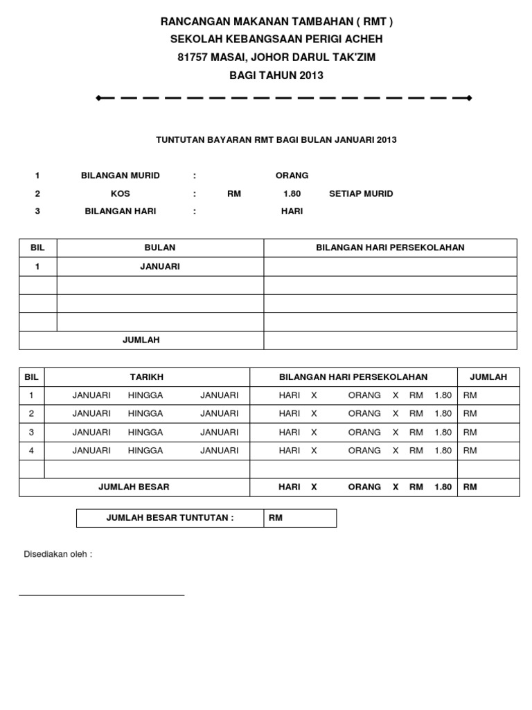 Borang Kosong Tuntutan RMT Bulanan | PDF