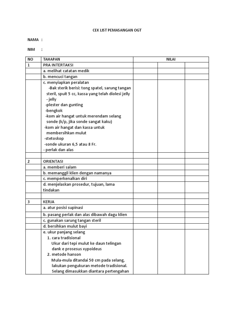 Cek List Pemasangan Ogt Dan Pemberian Nutrisi Via Ogt | PDF