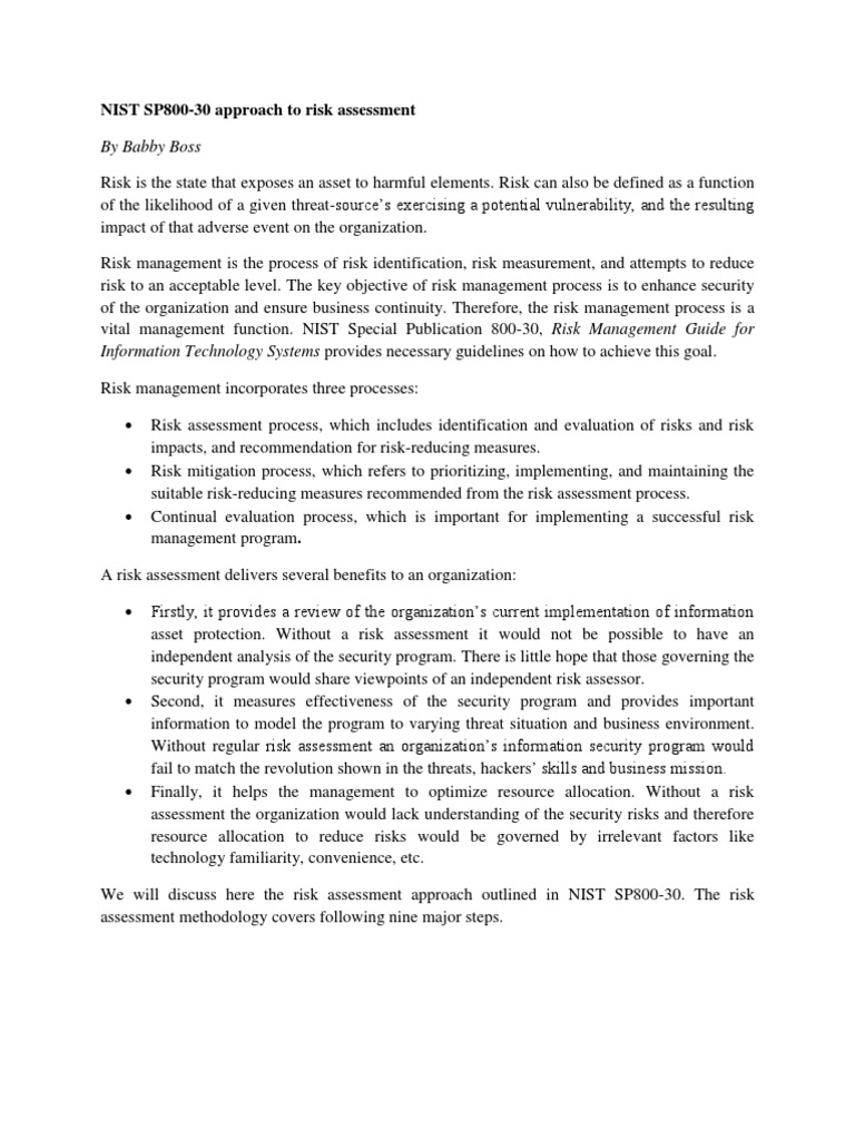 NIST SP800-30 Approach To Risk Assessment | PDF | Threat (Computer) | Vulnerability (Computing)