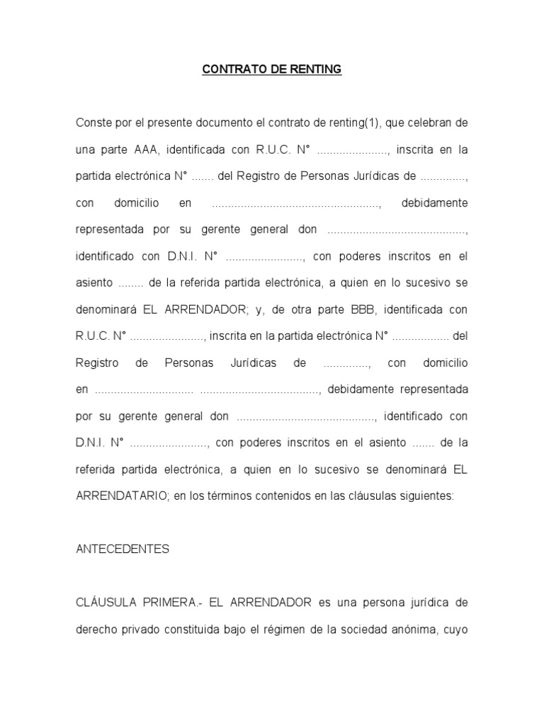 Contrato de Renting | Arrendamiento | Alquiler