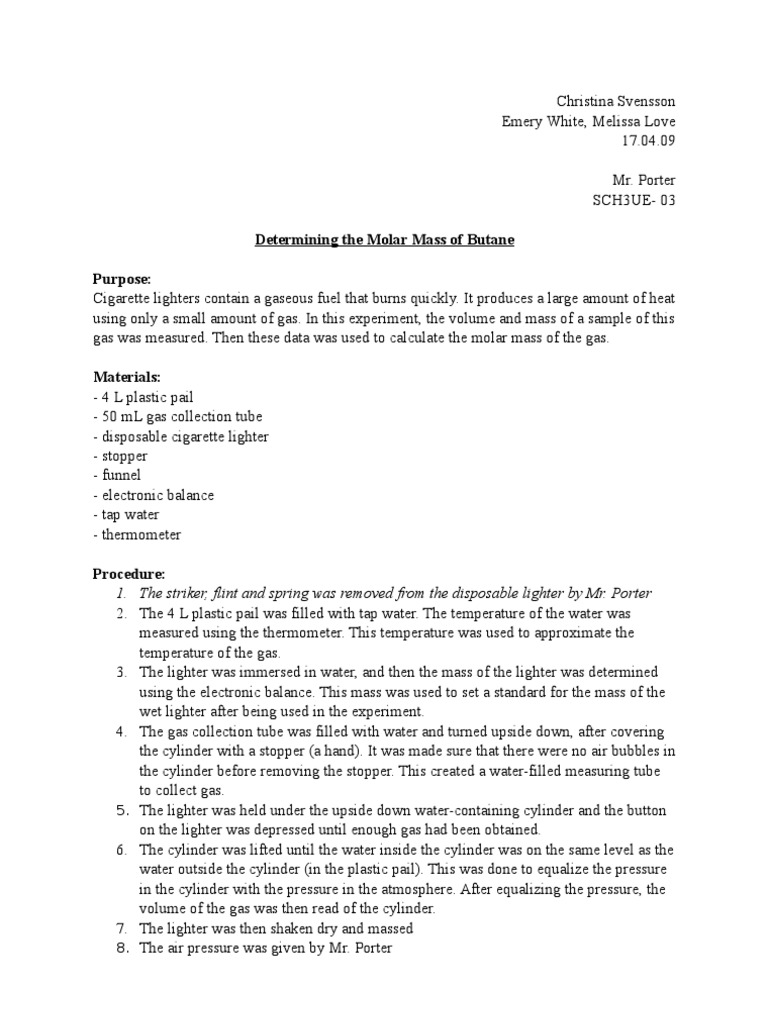 Determining The Molar Mass of Butane. C. S. | PDF | Gases | Mole (Unit)