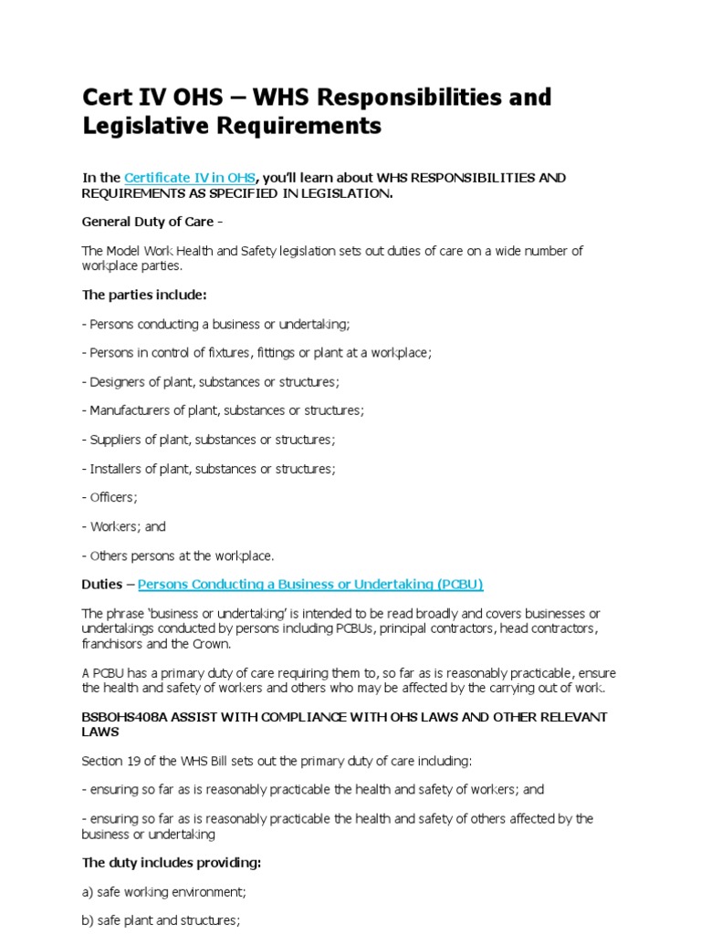Cert IV OHS - WHS Responsibilities and Legislative Requirements | PDF ...