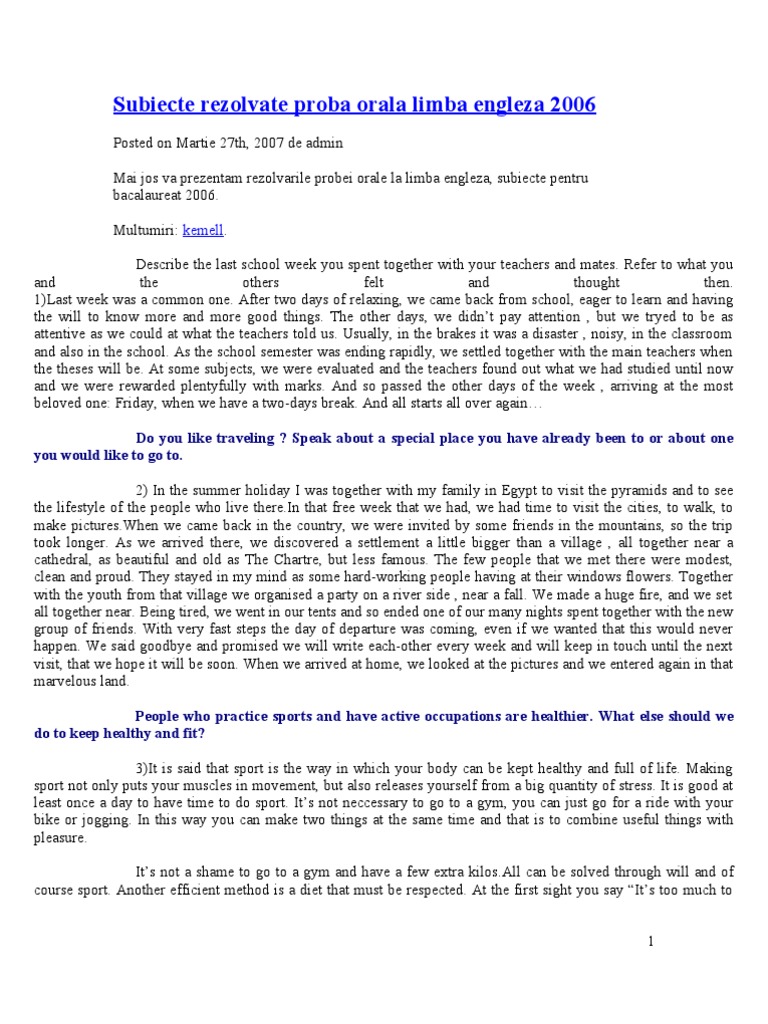 Proba Orala Limba Engleza - BAC - Subiecte Rezolvate | Daniel Defoe ...