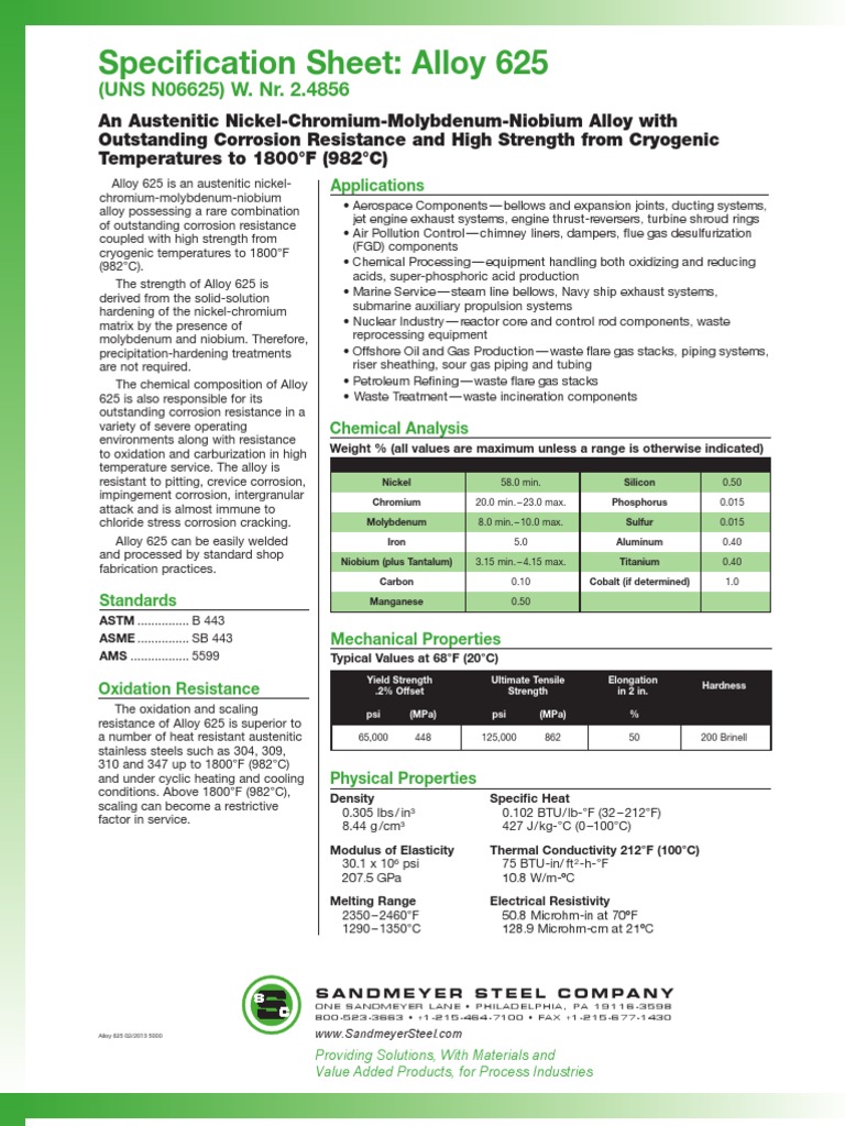 Alloy 625 Spec Sheet | PDF | Corrosion | Annealing (Metallurgy)