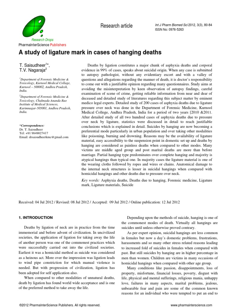 A Study of Ligature Mark in Case of Hanging Deaths | PDF | Hanging ...