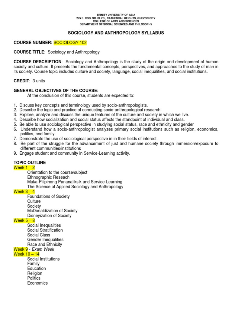 Sociology 102 Course Syllabus | PDF | Sociology | Institution