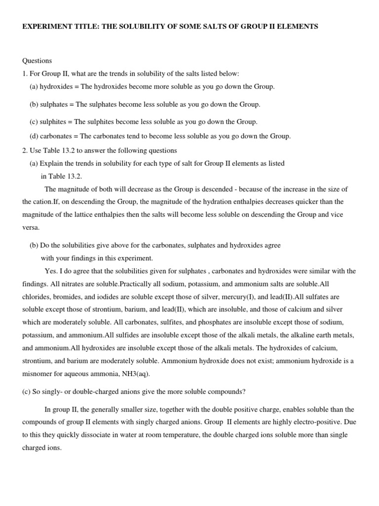 The Solubility of Some Salts of Group Ii Elements | PDF | Salt ...