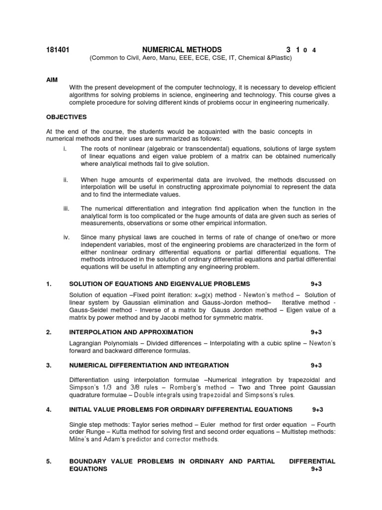 Numerical Methods Syllabus | PDF | Numerical Analysis | Eigenvalues And ...