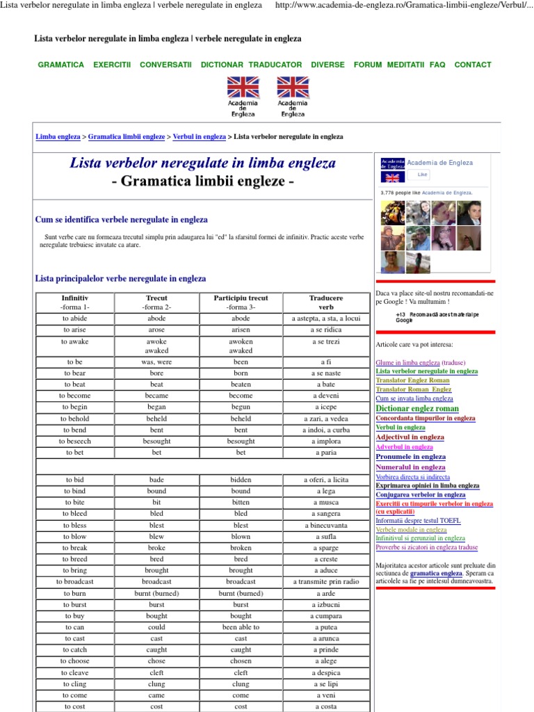 Lista Verbelor Neregulate in Limba Engleza - Verbele Neregulate in Engleza | PDF