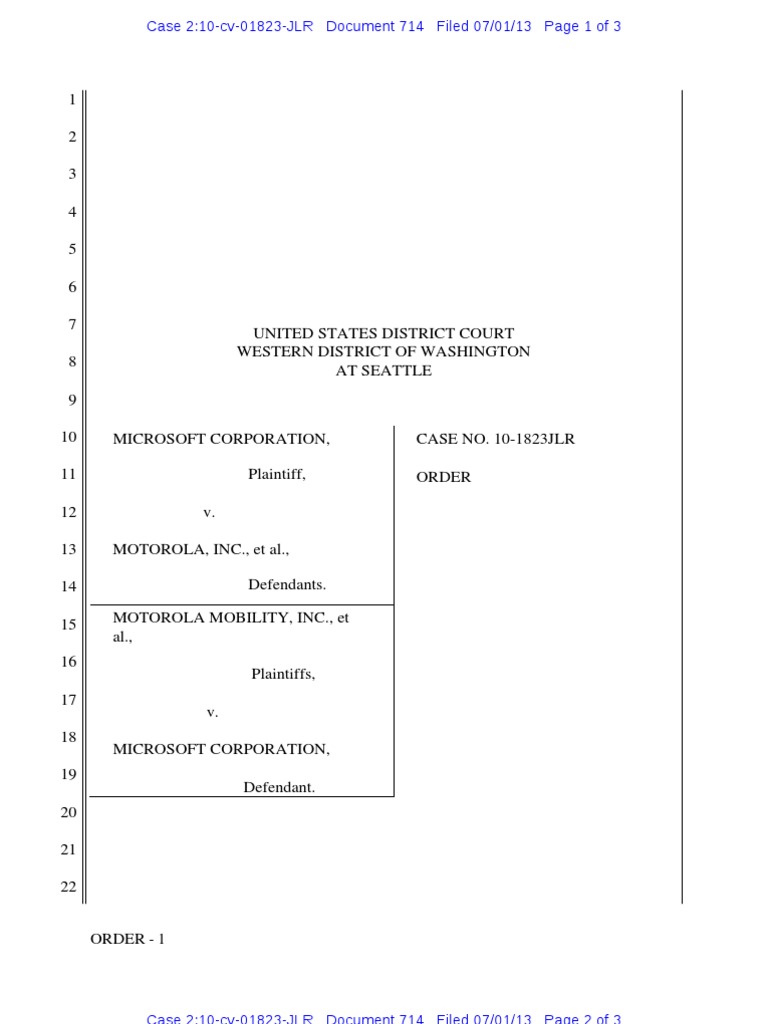 13-07-01 Order Setting Pretrial Schedule in Microsoft V Motorola FRAND ...
