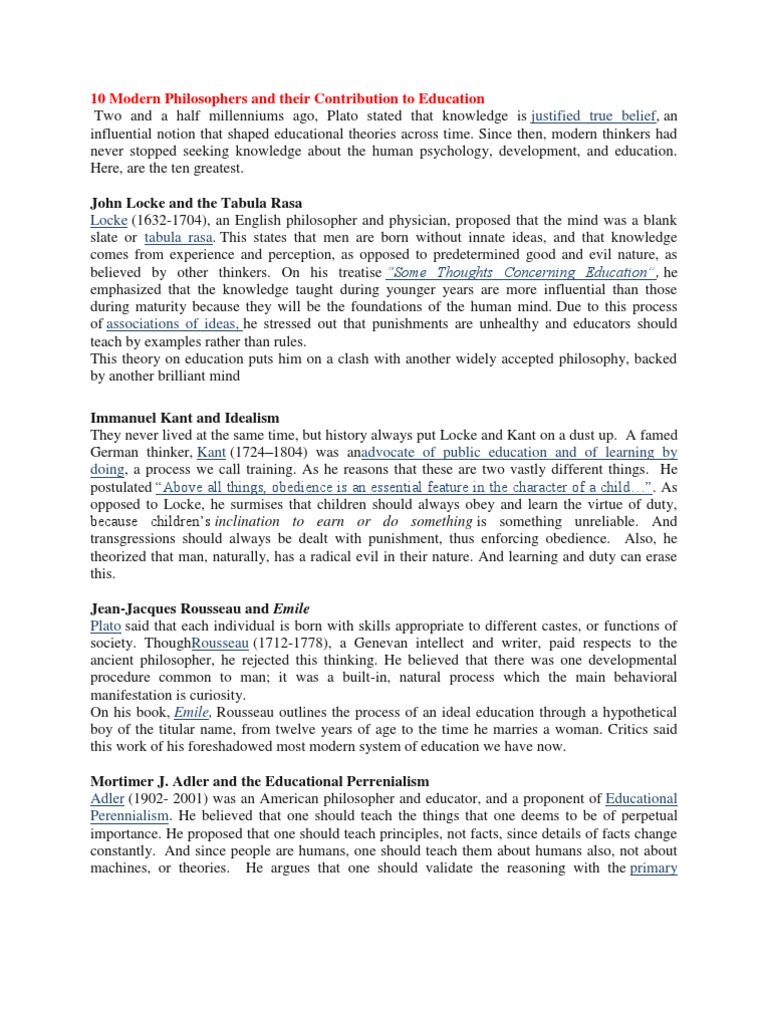 10 Modern Philosophers and Their Contribution To Education | PDF ...