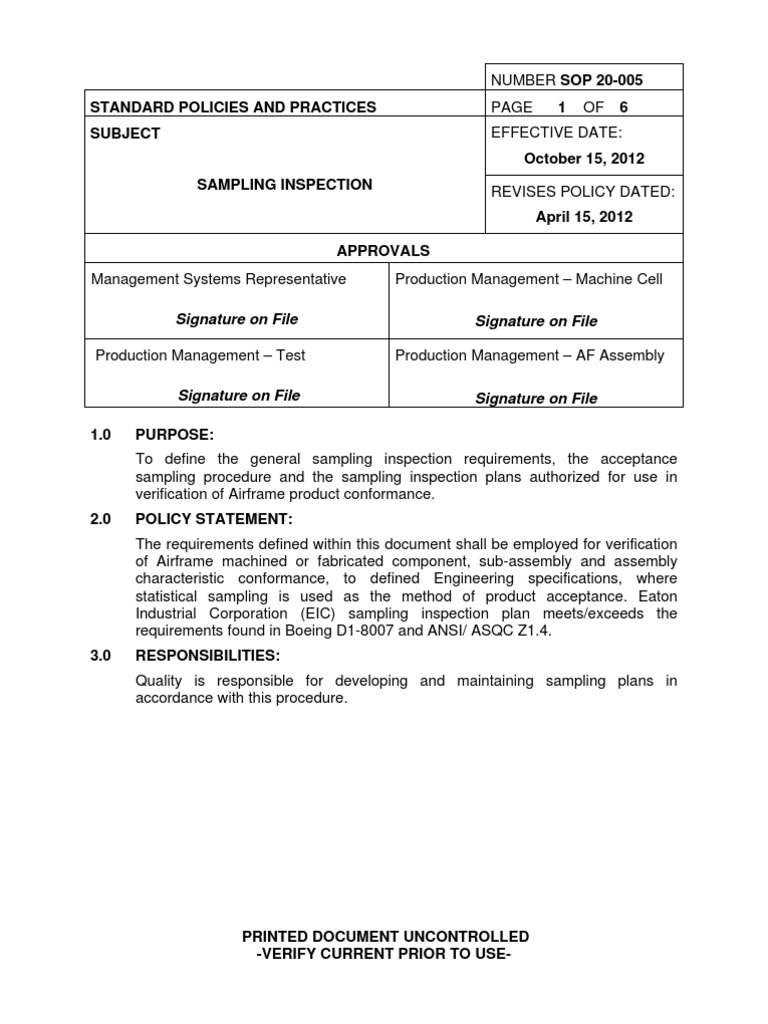 SOP 20-005 Sampling Inspection | PDF | Reliability Engineering ...