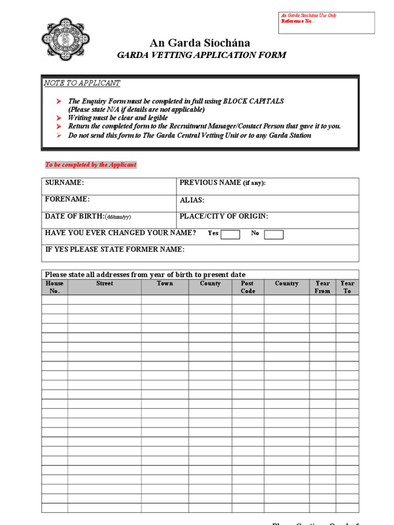 5 DCSVC Garda Vetting Application Form - Rathmines | PDF | Public ...