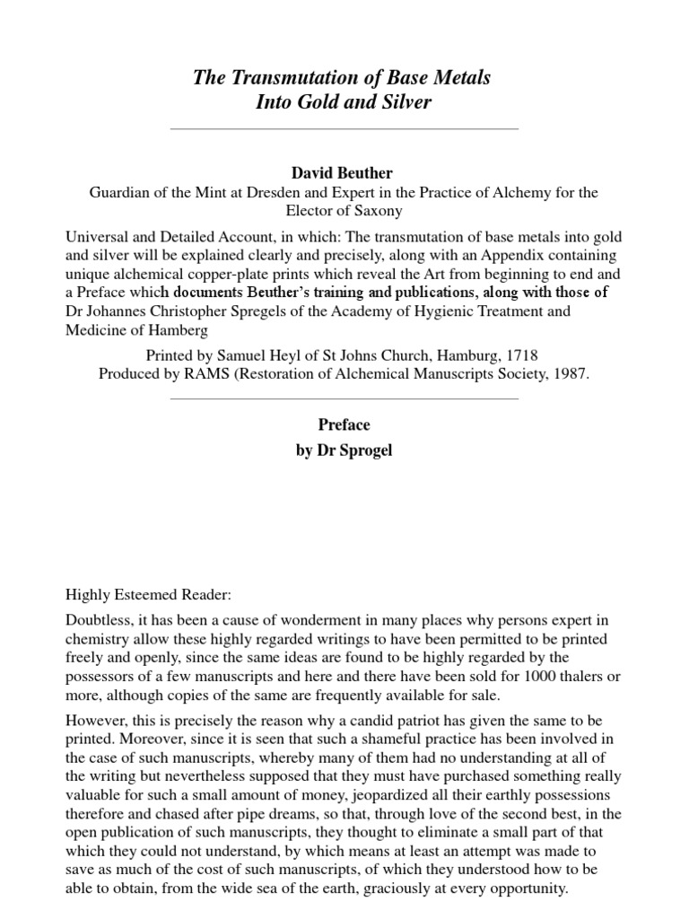 Transmutation of Base Metals Into Gold & Silver | PDF | Alchemy | Sin