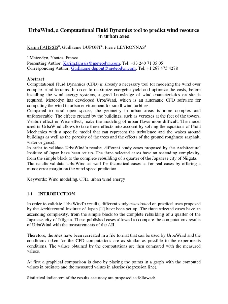 UrbaWind, A Computational Fluid Dynamics Tool To Predict Wind Resource in Urban Area | PDF ...
