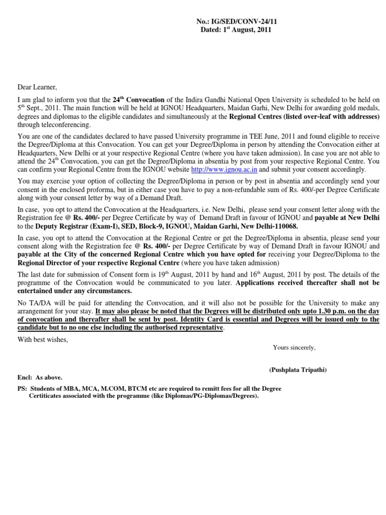 Ignou Convocation Form | PDF | Academia | Further Education