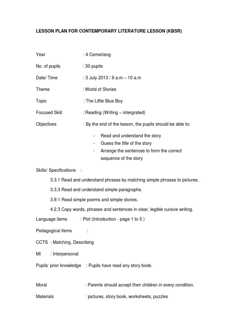 Lesson Plan The Little Blue Boy | PDF | Lesson Plan | Cognition