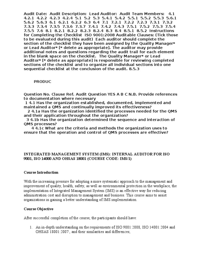 Integrated Management System (Ims) : Internal Auditor For Iso 9001, ISO ...