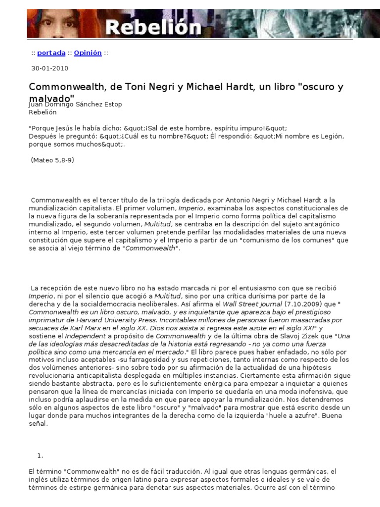Commonwealth de Negri y Hardt | PDF | Capitalismo | Democracia