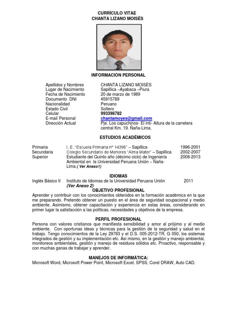 Currículum Vitae de Chanta Lizano Moisés, estudiante de Ingeniería ...