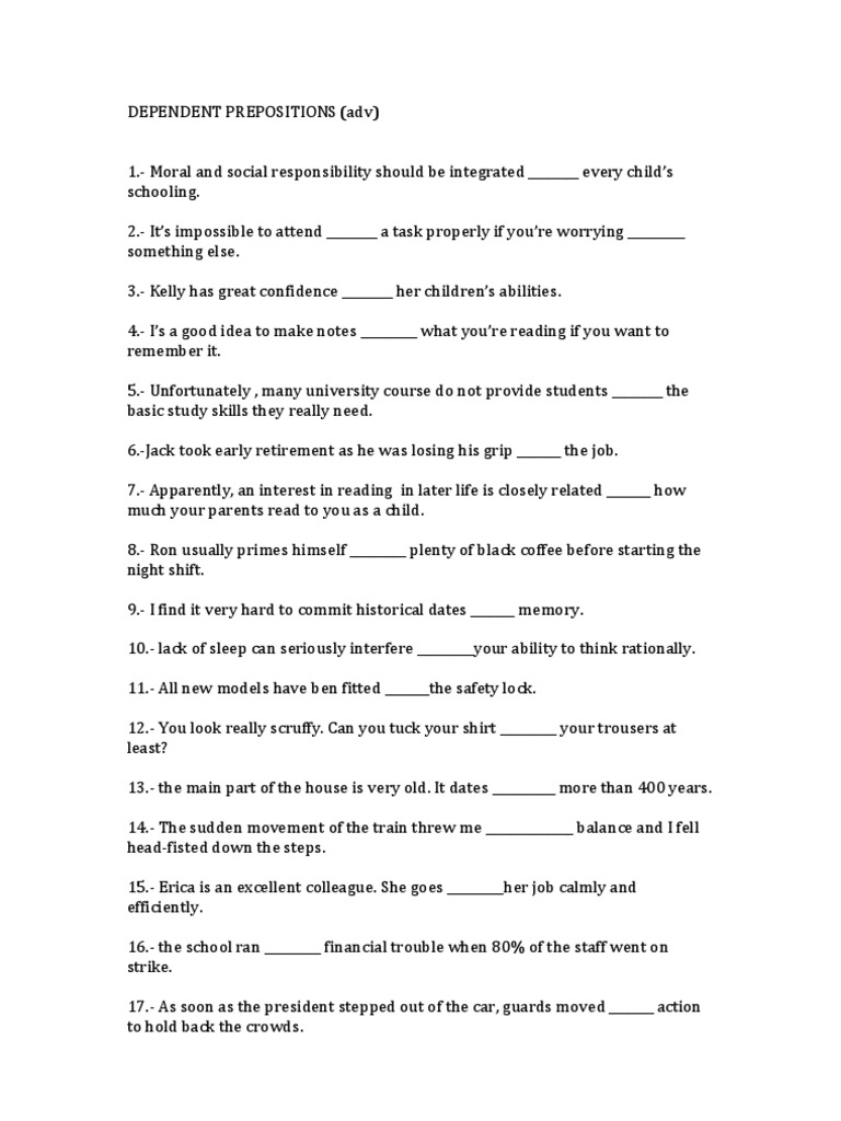 Dependent Prepositions | PDF | Psychology | Behavioural Sciences
