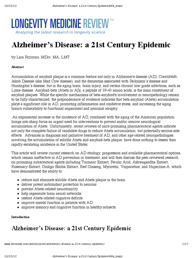 Alzheimer's Disease - A 21st Century Epidemic (Title - Main) | PDF | Amyloid Beta | Cholesterol