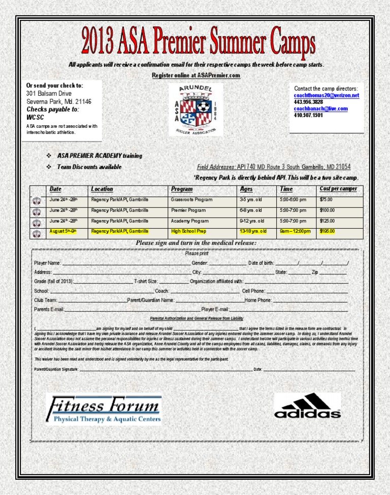 ASA Summer Soccer Camp Registration | PDF | Sports & Recreation