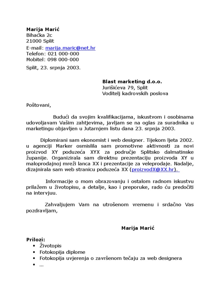 Molba Za Posao, primjeri molbe