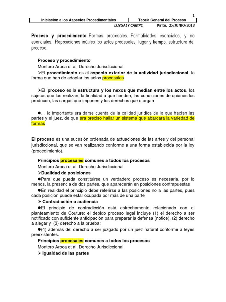 Proceso y Procedimiento. Formas Procesales. Formalidades Esenciales, y ...
