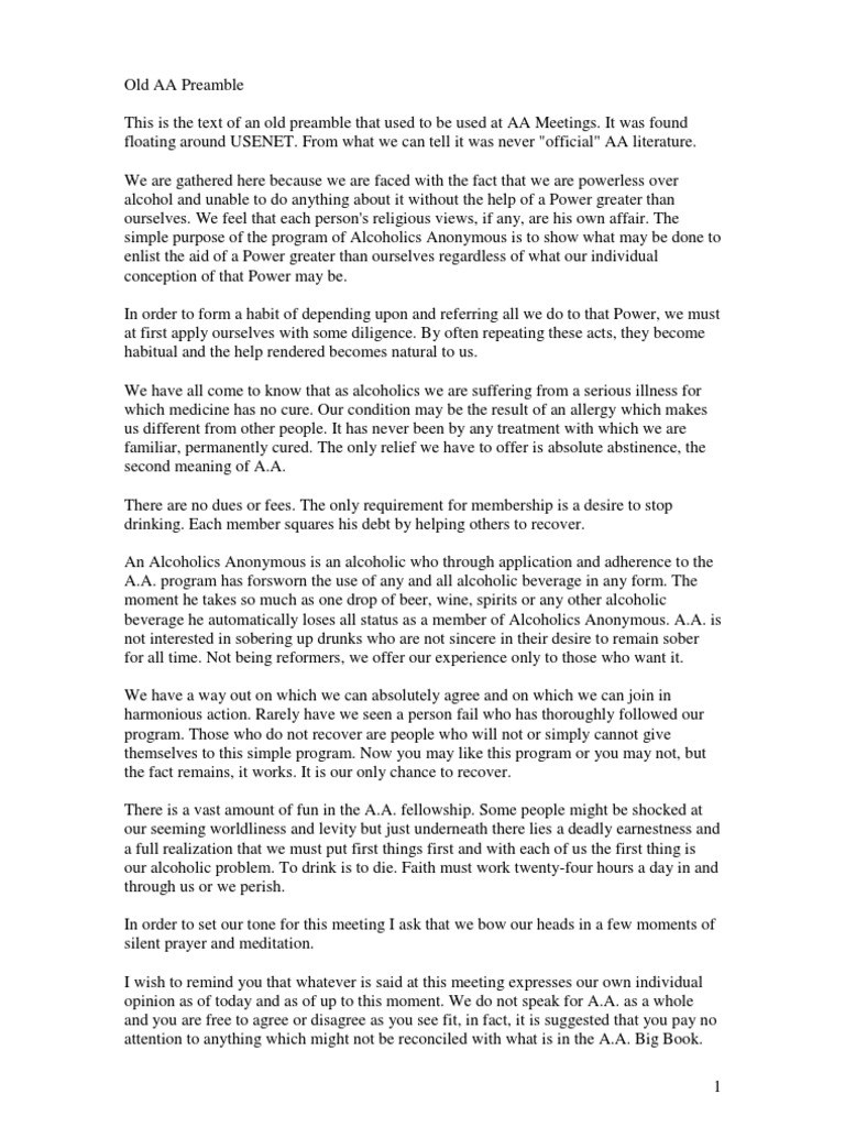Old AA Preamble | PDF | Alcoholics Anonymous | Alcohol Old AA Preamble | PDF | Alcoholics Anonymous | Alcohol