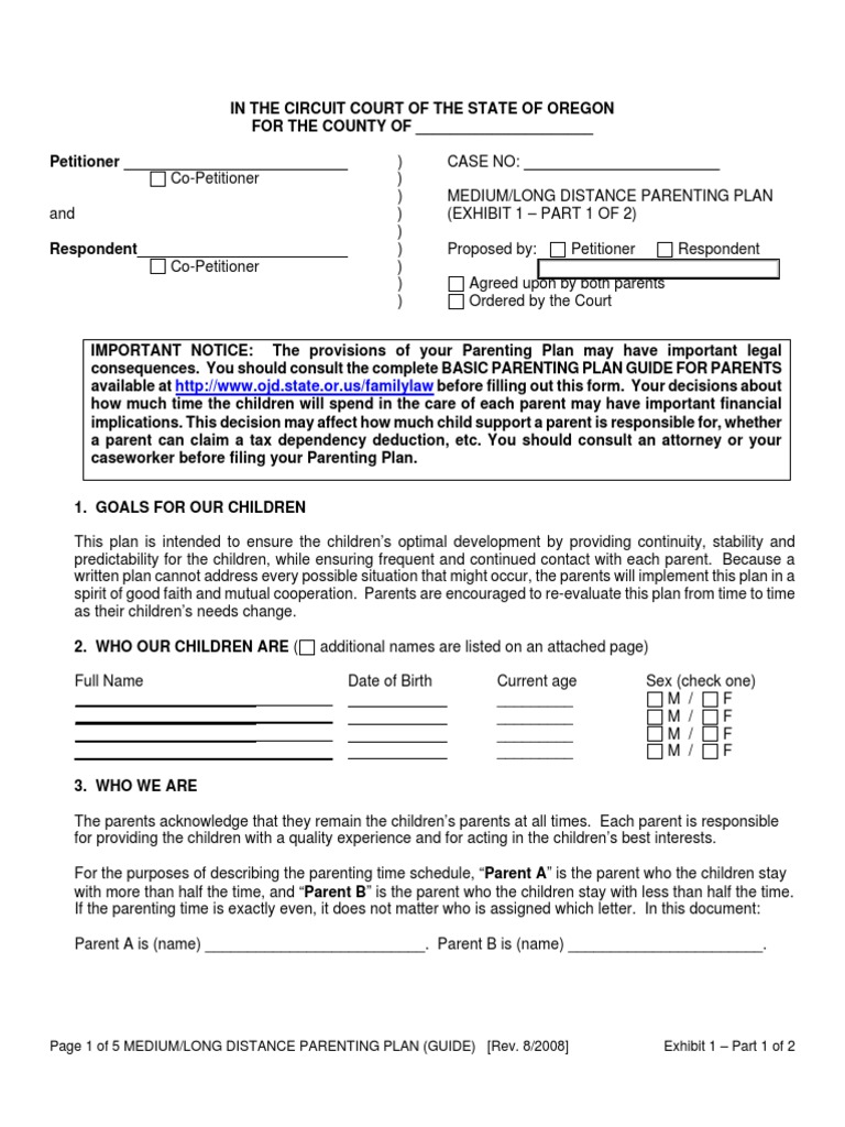 Page 1 of 5 Medium/Long Distance Parenting Plan (Guide) (Rev. 8/2008 ...