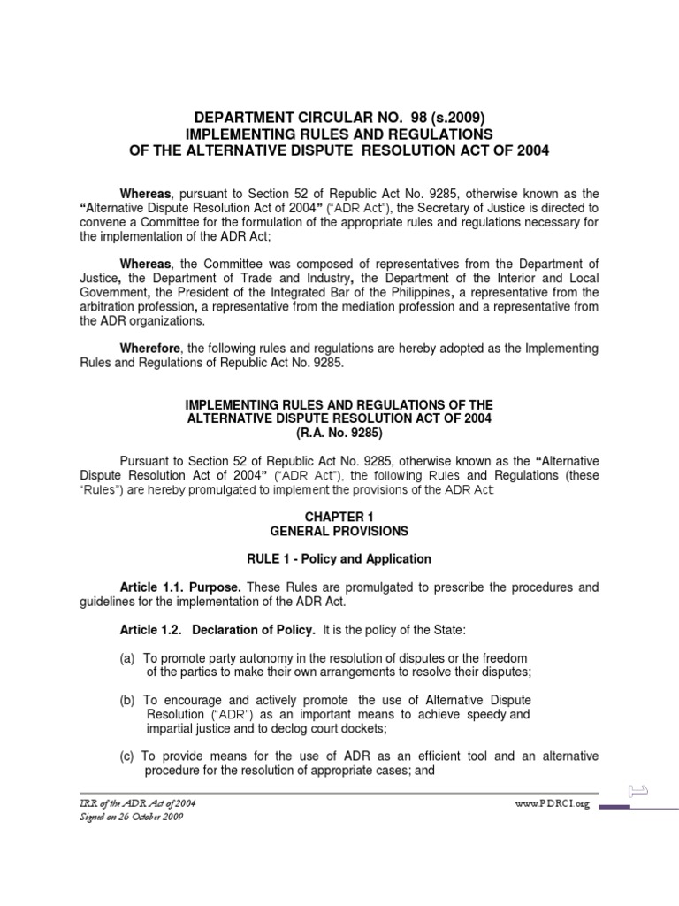 Department Circular No. 98 (S.2009) Implementing Rules and Regulations of The Alternative ...