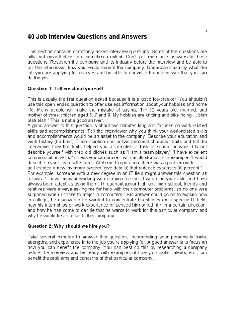 40 Job Interview Questions and Answers: Question 1: Tell Me About ...