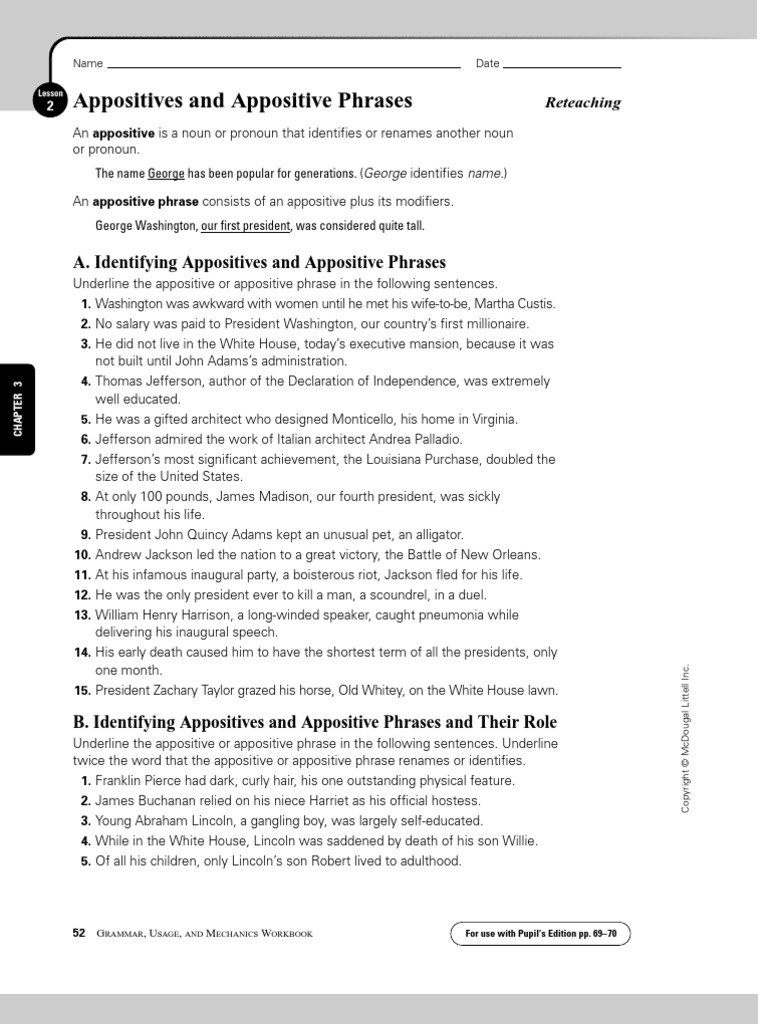 Appositive Phrases Worksheet | PDF | Abraham Lincoln | Thomas Jefferson