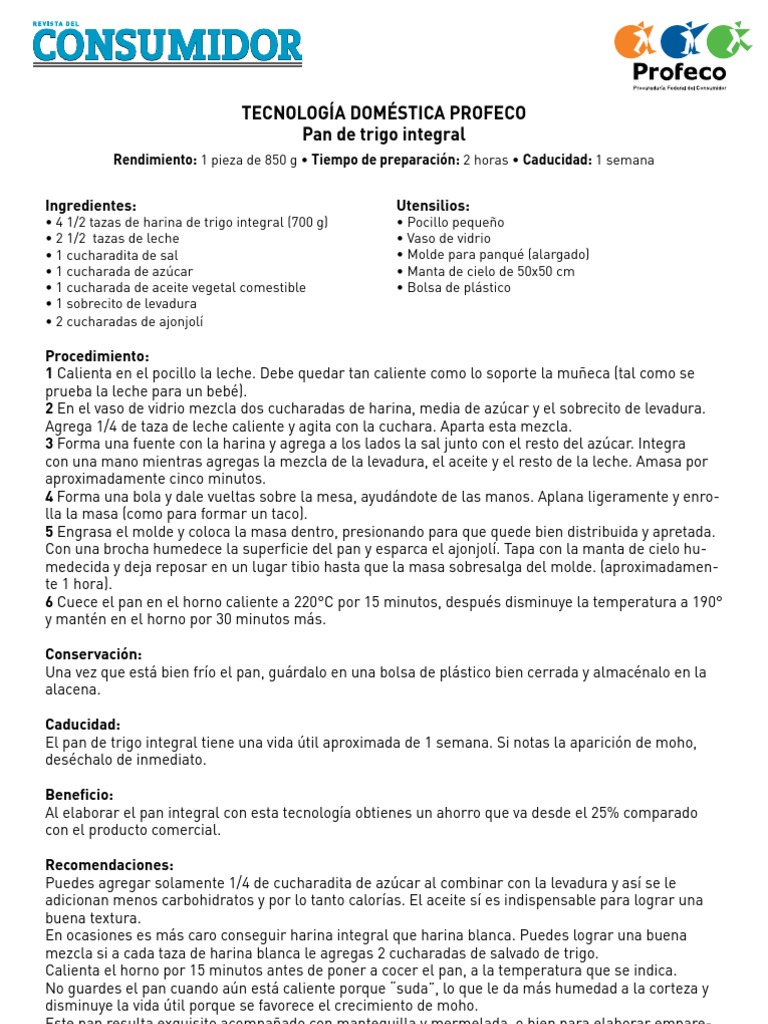 Pan Integral Casero: Receta Profeco | PDF | Panes | Trigo