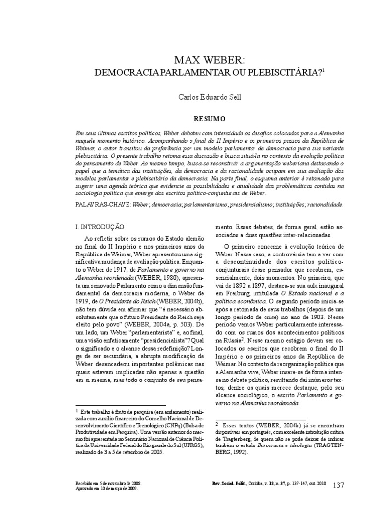 Texto Complementar 3 - DEMOCRACIA PARLAMENTAR OU PLEBISCITÁRIA | Download grátis PDF | Max Weber ...