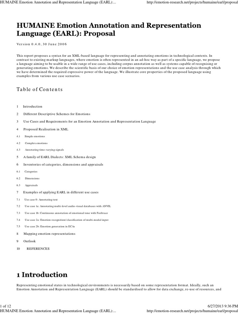 HUMAINE Emotion Annotation and Representation Language (EARL ...